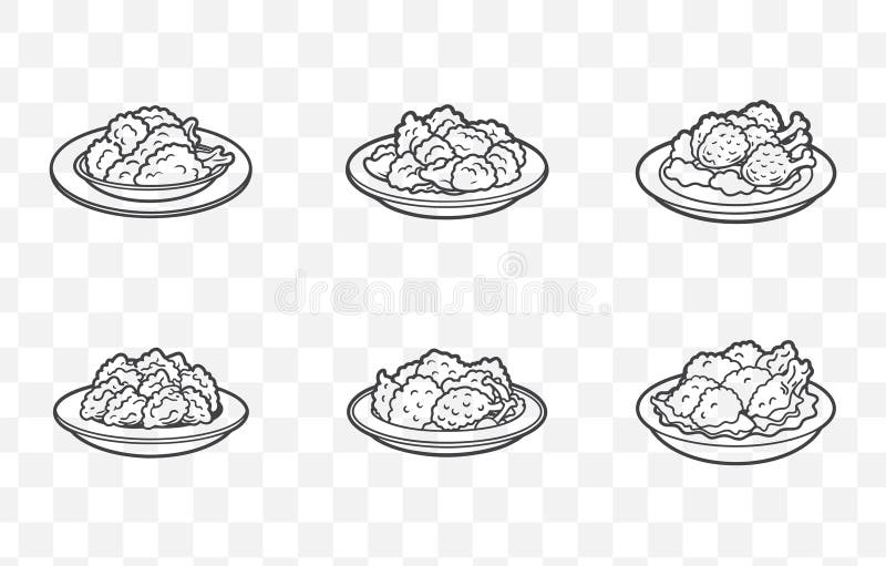 Print Comprehensive Fried Chicken Line Art Vector Set Illustrations of ...