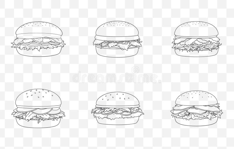 Print Pulled Pork Sandwich Line Art Vector Set with Multiple Views and ...
