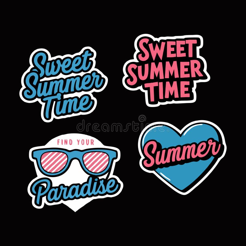 Colorful Linear Abstract Summertime Sticker Set with Typographic and ...