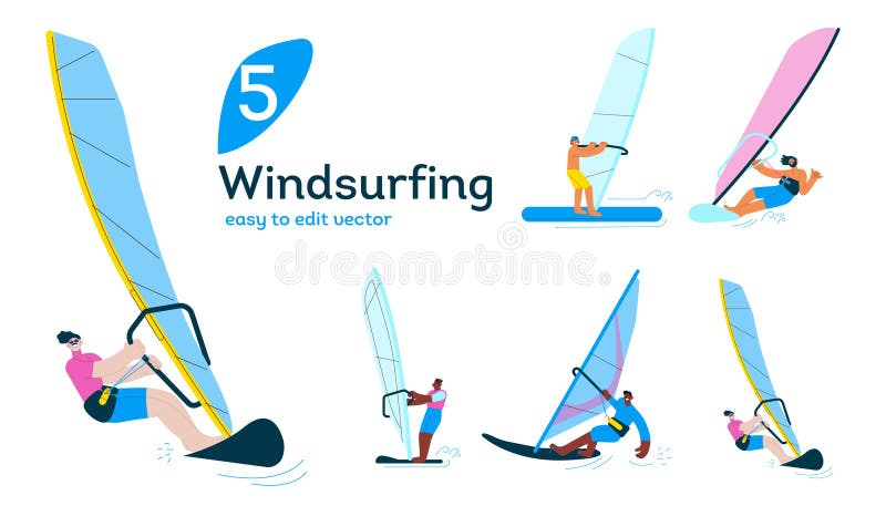 Windsurfing Illustrations Collection. Happy Males Windsurfing, Standing ...