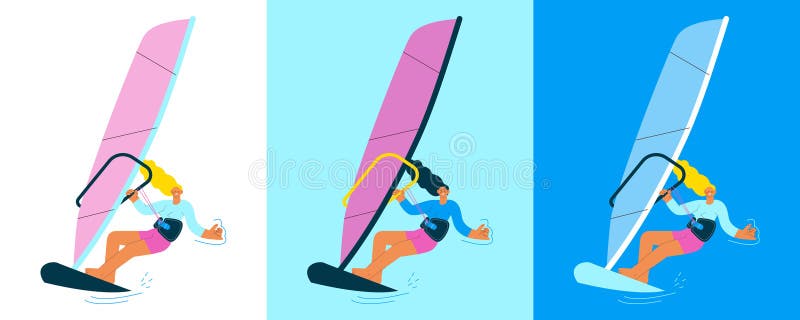 Happy Female Windsurfing, Standing on a Sail Board. Outdoor Water Sport ...