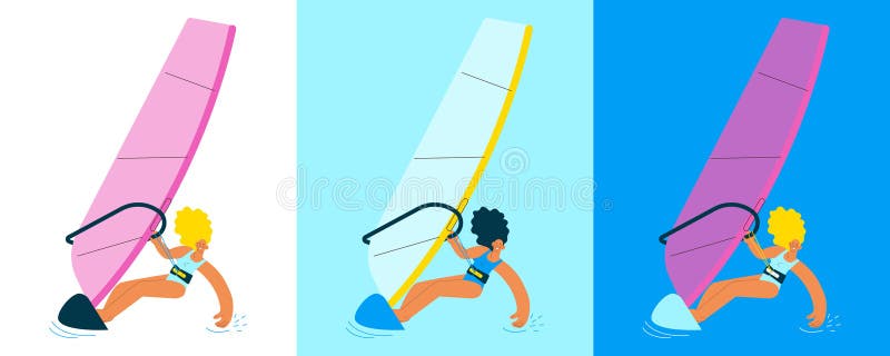 Happy Female Windsurfing, Standing on a Sail Board. Outdoor Water Sport ...
