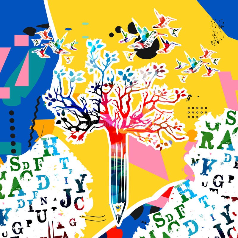 Colorful Pencil Tree Vector Illustration with Font Letters. Typeset ...
