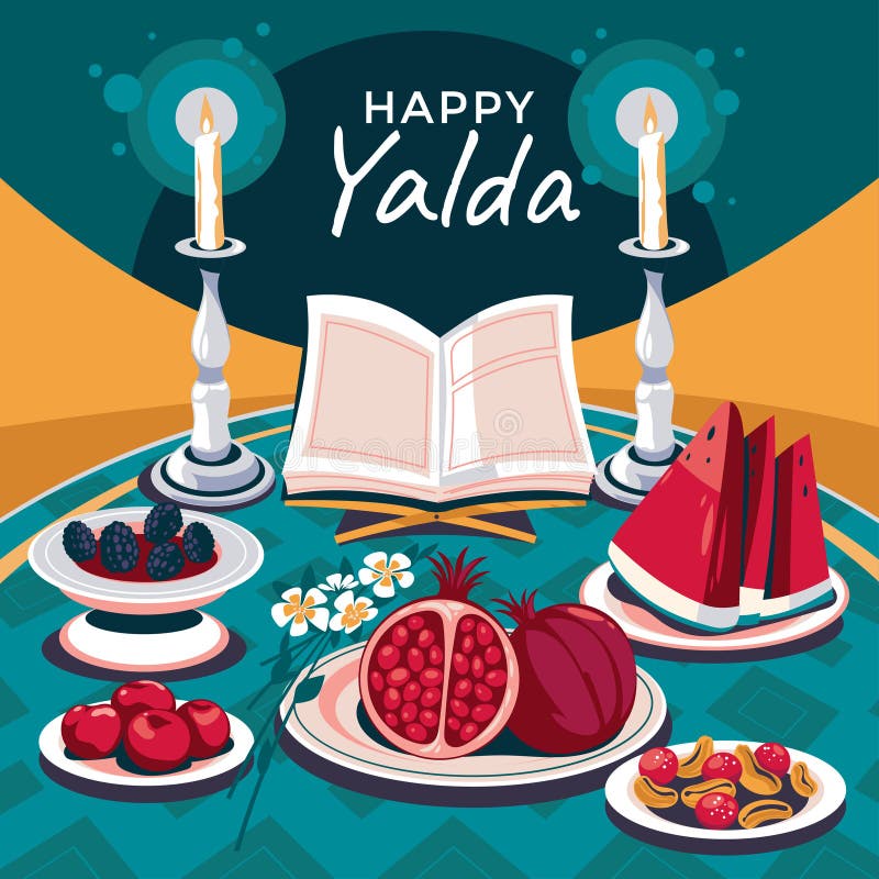 Happy Yalda Night Illustration with Pomegranate and Candles Background ...