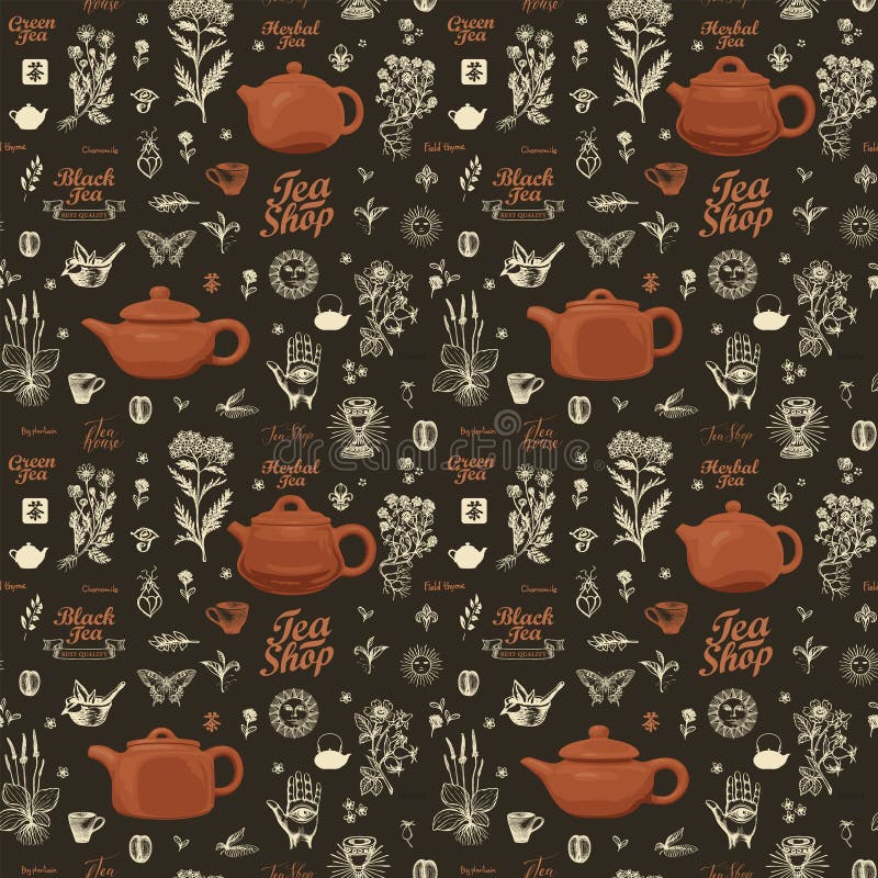 Seamless Pattern with Tea Theme in Retro Style Stock Vector ...
