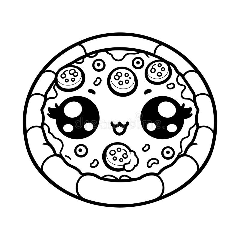 Cute Pizza Vector Art Outline Illustration Big Eyes Melted Cheese Stock ...