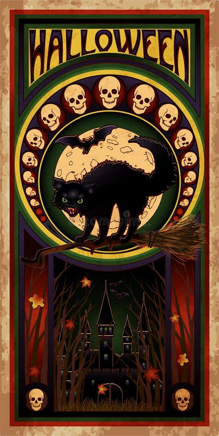 Happy Halloween Cat Vip Card in Art Nouveau Style, Vector Stock Vector ...