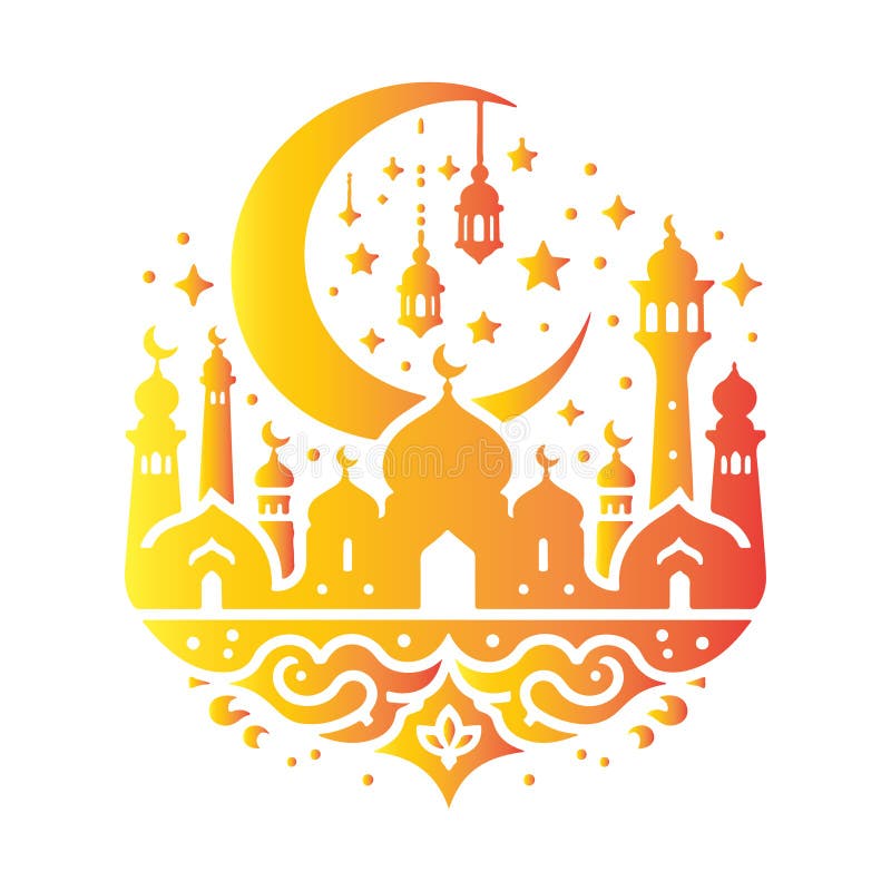 Islamic Mosque with Crescent Moon and Star Design - Vector Illustration ...