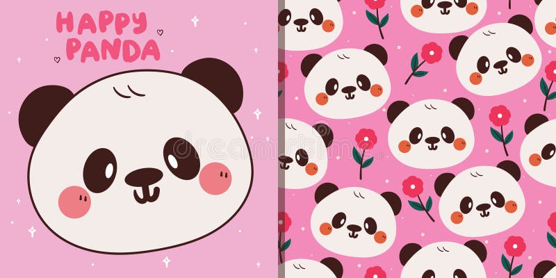 Card and Pattern of Cartoon Panda and Flower. Cute Wallpaper and Card ...