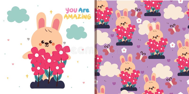 Card and Pattern of Cartoon Bunny with Flower and Clouds. Cute Spring ...