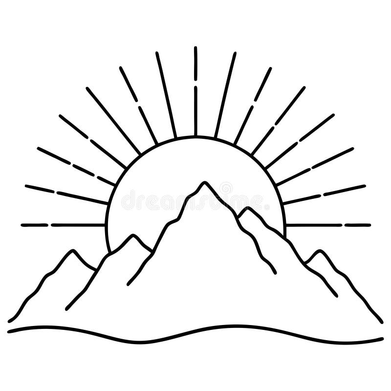 Sune Rise Outline Black and White Vector Art Behind the Mountain Design ...