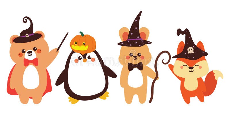 Hand Drawing Cartoon Animals Wearing Halloween Costume Stock Vector ...