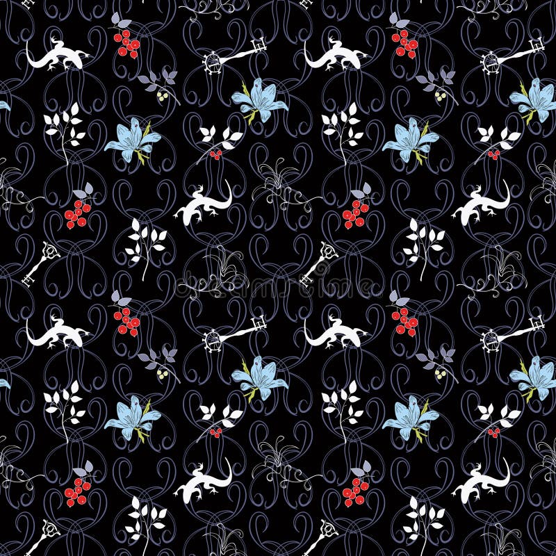 Fancy Pattern with Plants, Lizard, Key, Orchid, Berry. Stock Vector ...