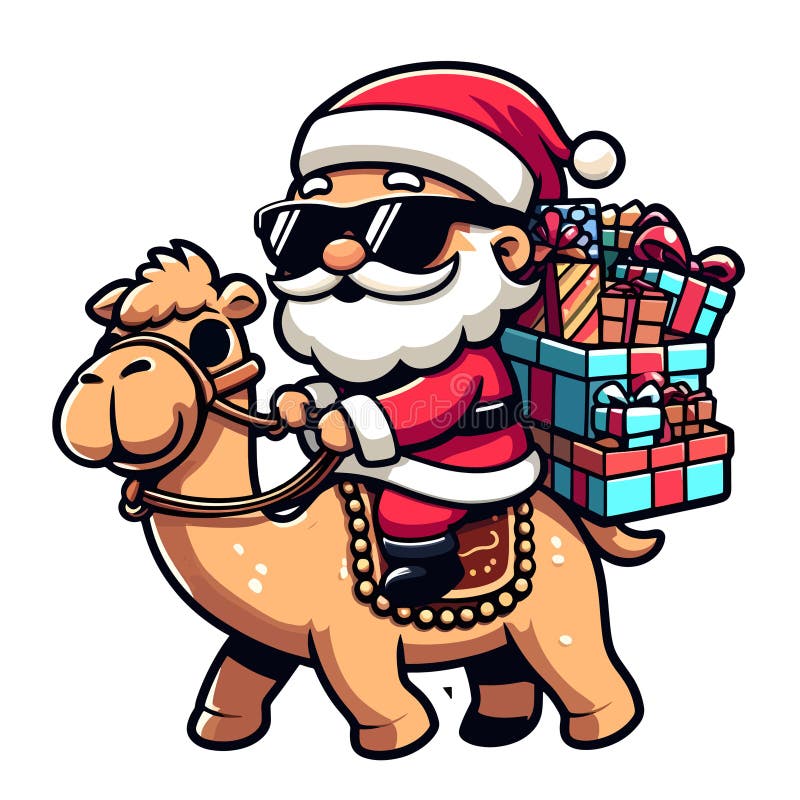 Santa Claus Riding a Camel with Colorful Gifts Stock Vector ...