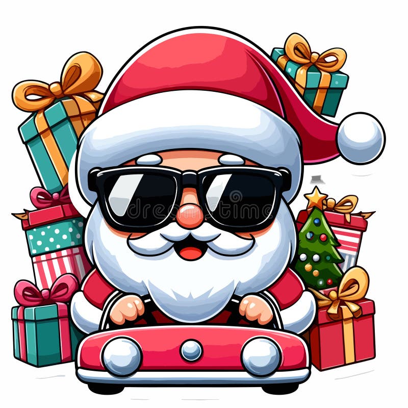 Santa Claus Driving a Red Car with Gifts and a Christmas Tree Stock ...