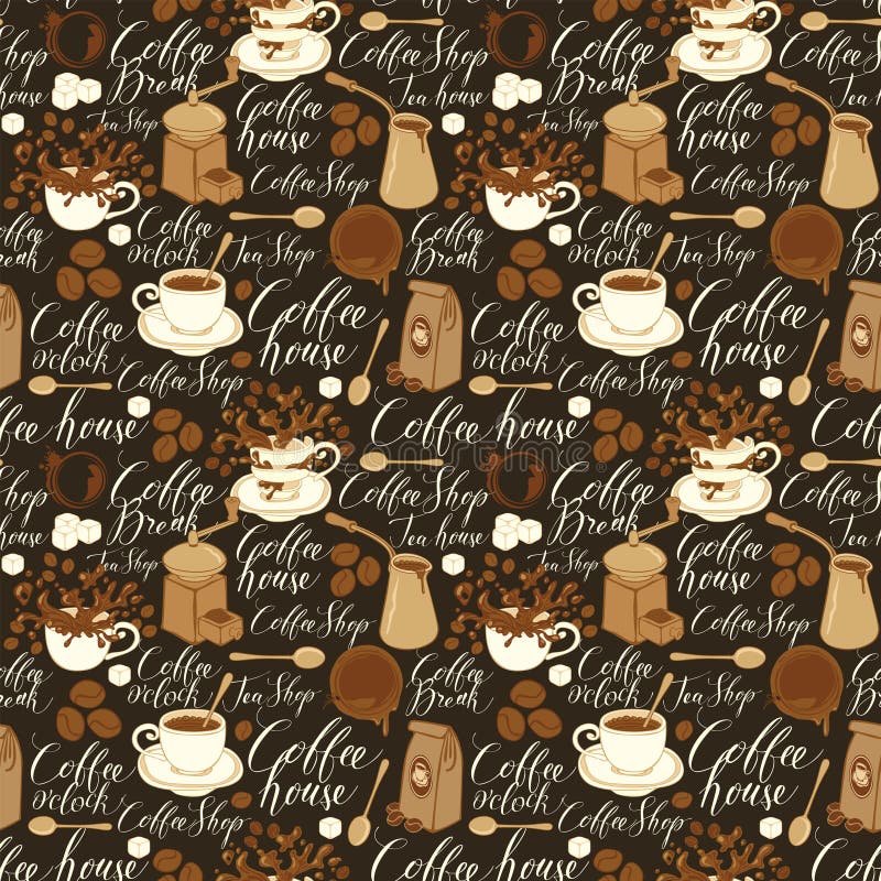 Seamless Pattern on Tea and Coffee Theme in Retro Style Stock ...