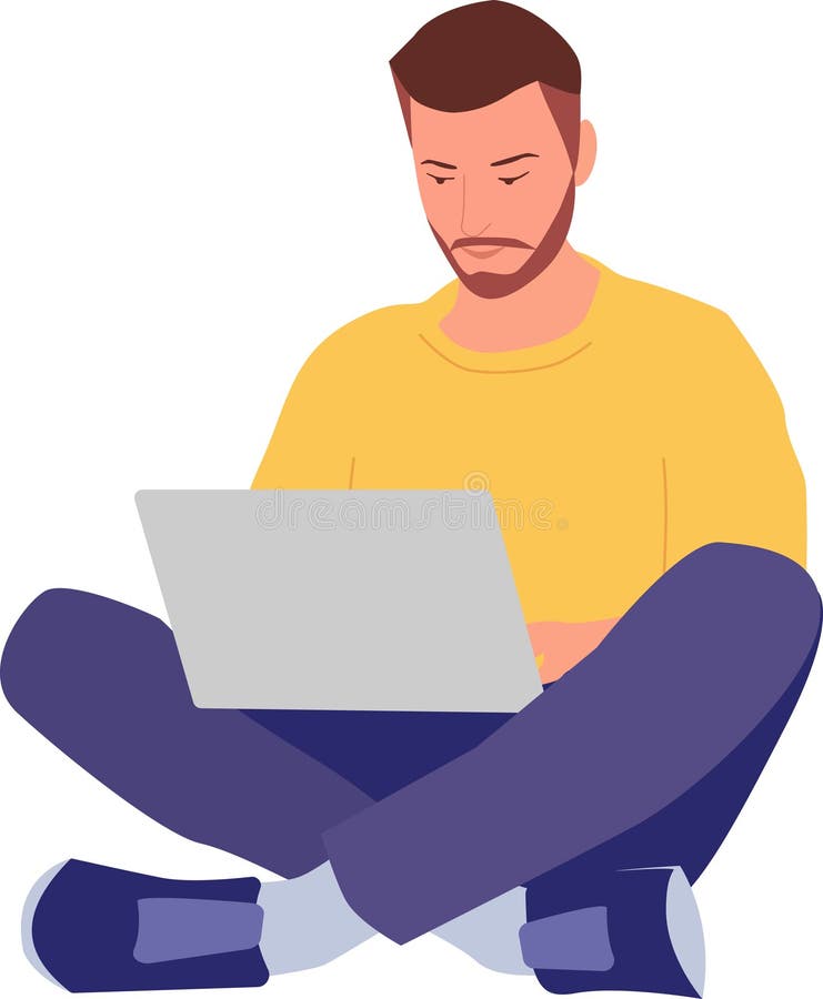 Young Man Sitting with Laptop. Stock Vector - Illustration of people ...