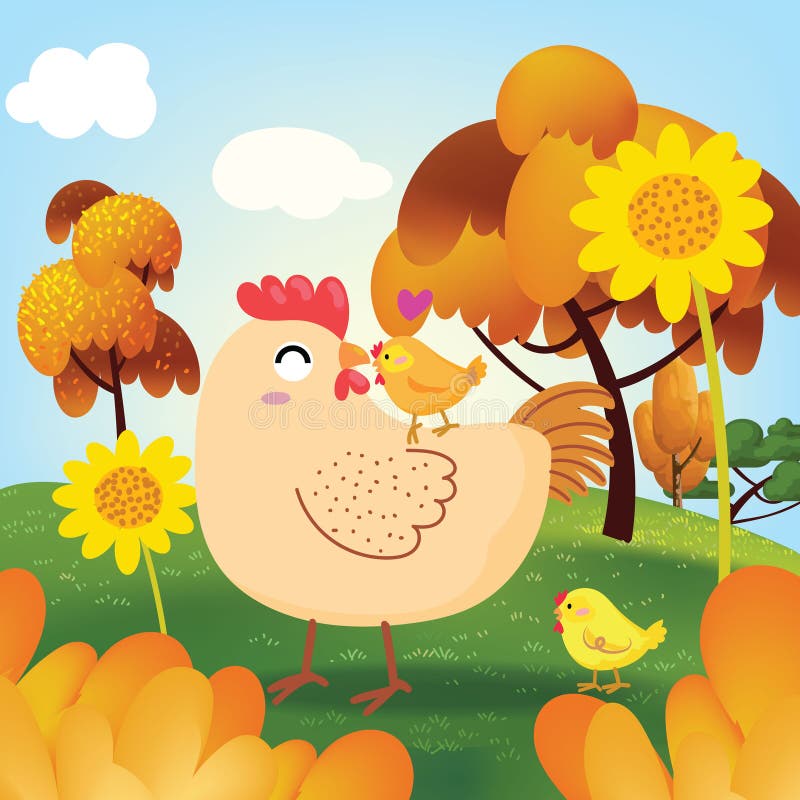 Cute Baby Chicken Hen with Nature Cartoon Comic Character Vector. Stock ...