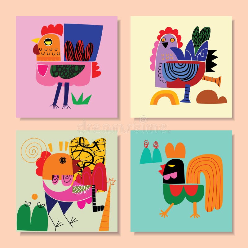 Abstract Chicken Hen Rooster Colorful Geometric Hand Drawn Vector ...