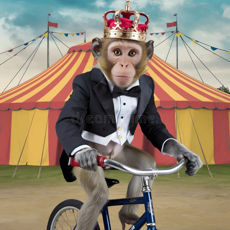 Monkey with a Crown is Riding on a Bicycle Digital Art Premium Quality ...