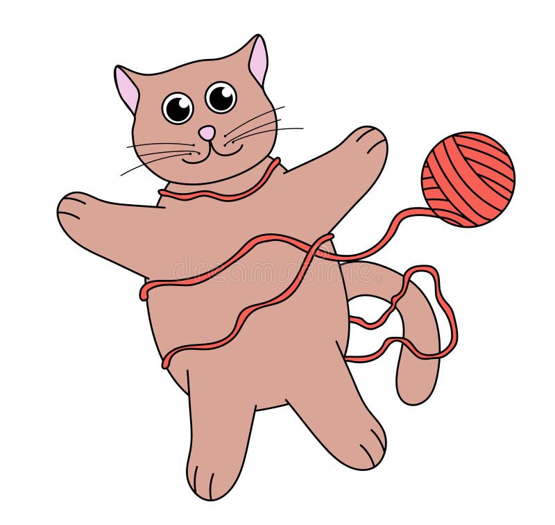 Cat Play with Ball of Thread. Cute Flat Illustration. Stock Vector ...