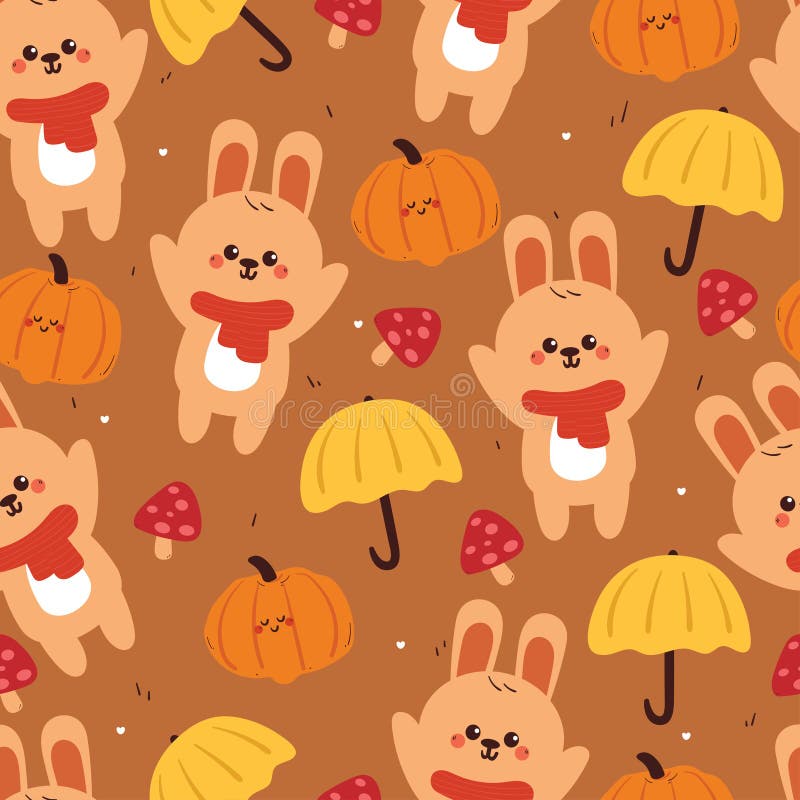 Seamless Pattern Cartoon Bunny with Autumn Vibes. Cute Autumn Fall ...