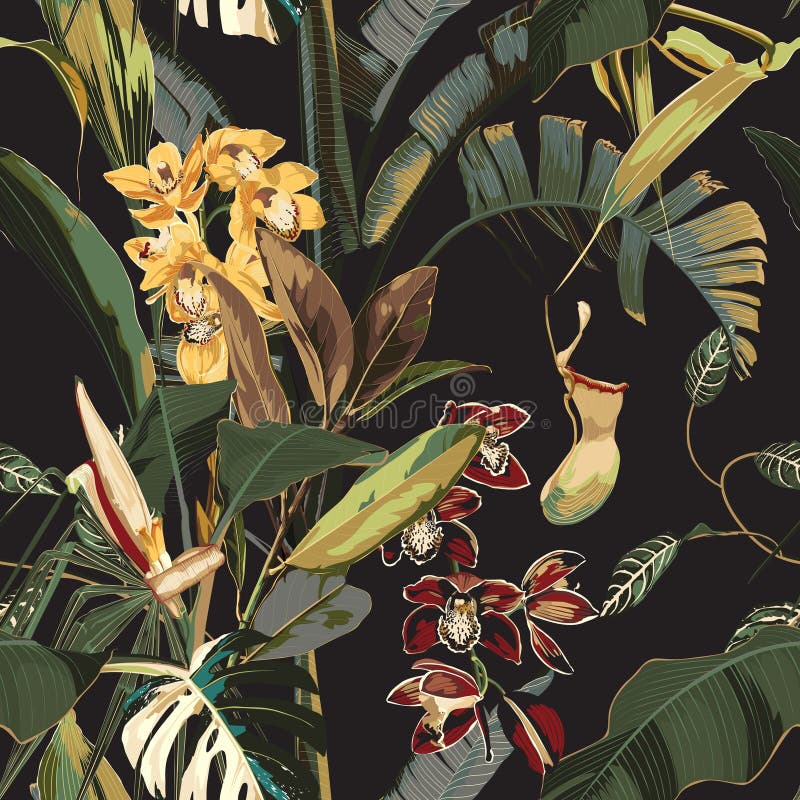 Tropical Night Vintage Wild Pattern, Palm Tree, Palm Leaves and Plant ...