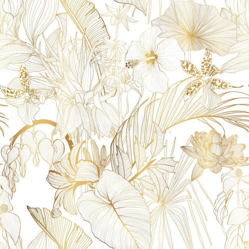 Luxury Gold Nature Background. Floral Seamless Pattern, Golden Exotic ...