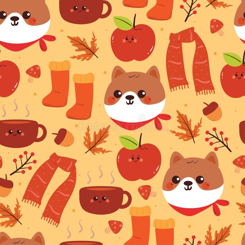 Seamless Pattern Cartoon Puppy with Autumn Vibes. Cute Autumn Fall ...