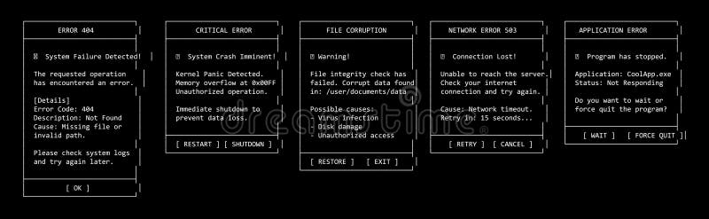 Computer Error Screen Message Set on Black Screen Stock Vector ...