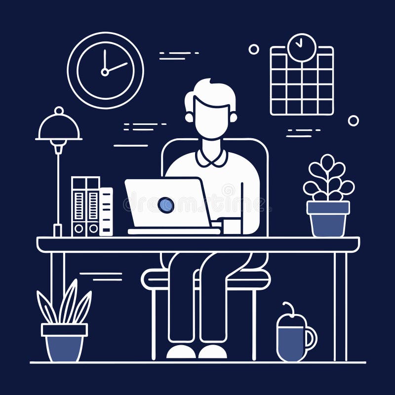 An Employee is Working Laptop with Dask Minimalist Line Art Vector ...