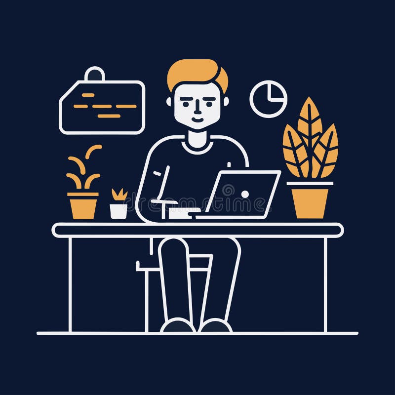 An Employee is Working Laptop with Dask Minimalist Line Art Vector ...