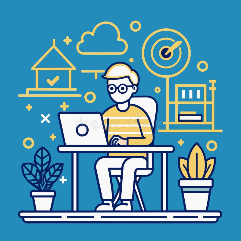 An Employee is Working Laptop with Dask Minimalist Line Art Vector ...