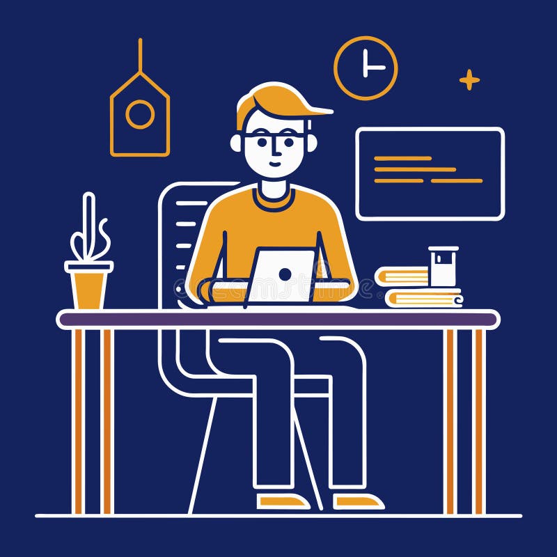 An Employee is Working Laptop with Dask Minimalist Line Art Vector ...