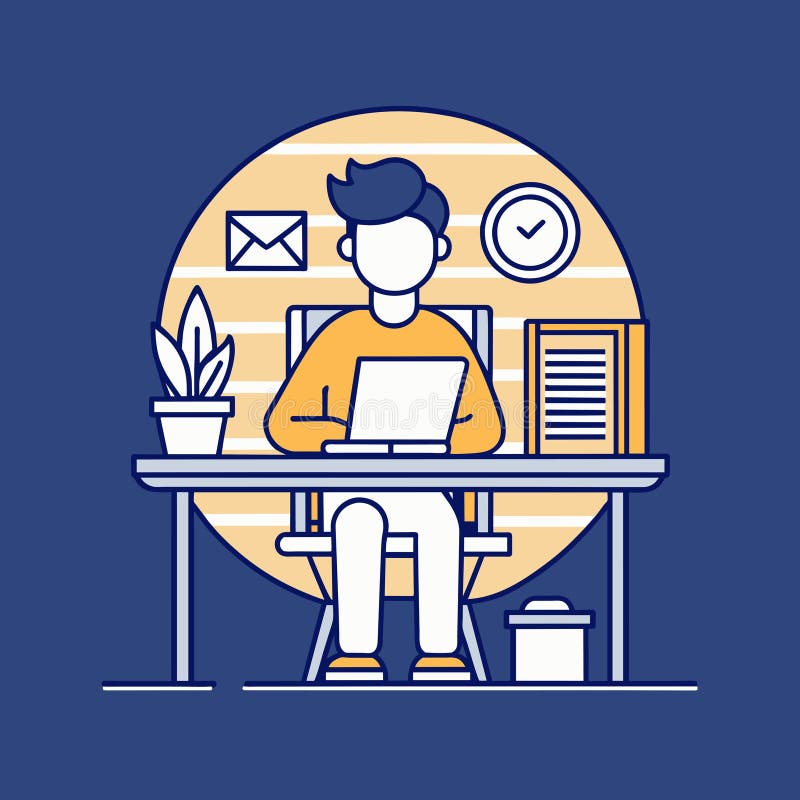 An Employee is Working Laptop with Dask Minimalist Line Art Vector ...