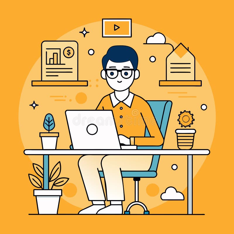 An Employee is Working Laptop with Dask Minimalist Line Art Vector ...