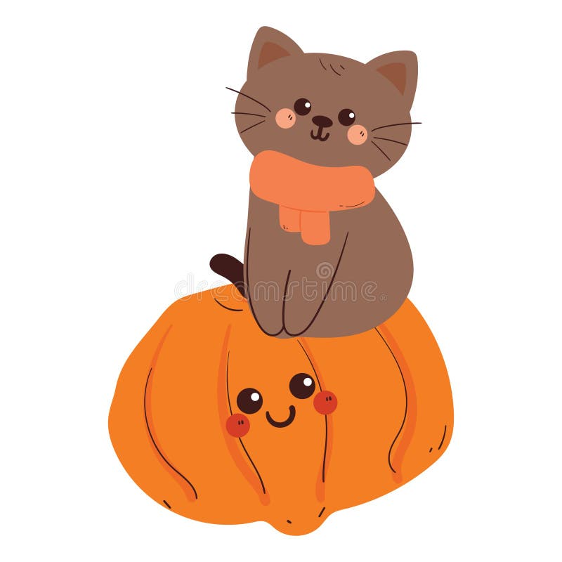 Cute Drawing Cartoon Cat with Pumpkin. Cute Animal Drawing Stock Vector ...