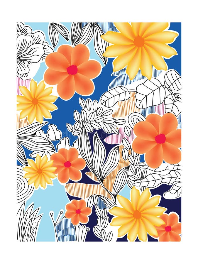 Abstract Textured Flowers Leaves Plants Hand Drawing Line Art Pattern ...