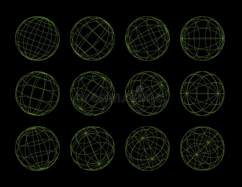 Green Globe Grid Sphere Set. Globe Meshes, Striped 3D Wireframe Spheres ...