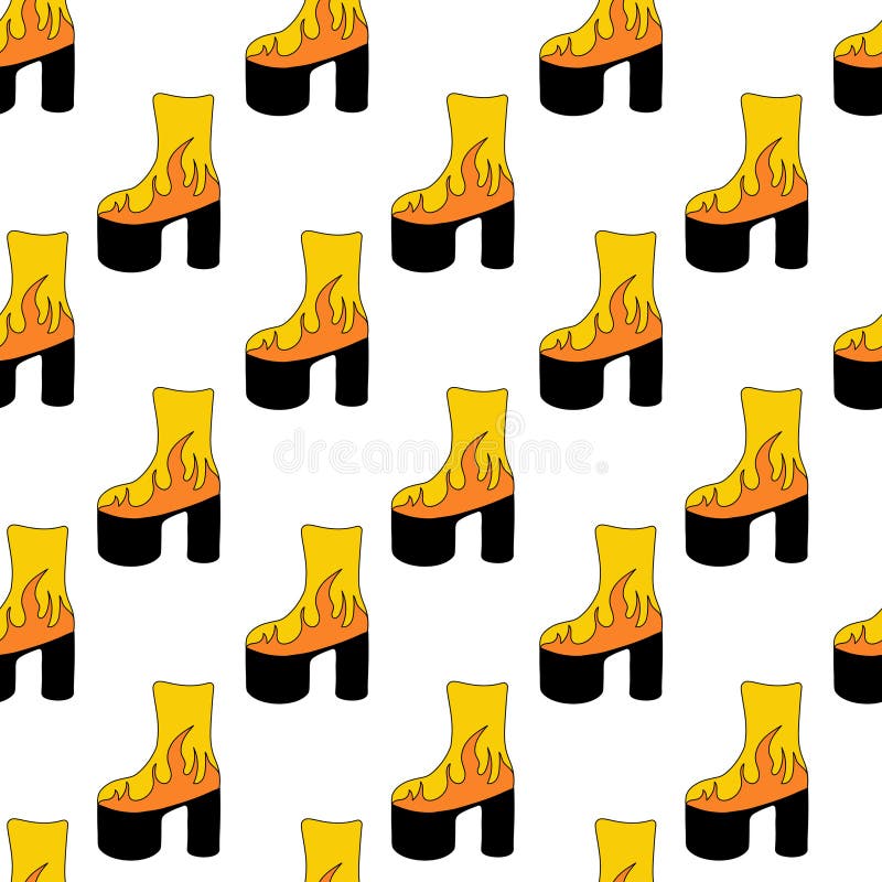 Seamless Pattern. Trendy 1980 Retro Yellow Disco Boot with Flame Design ...