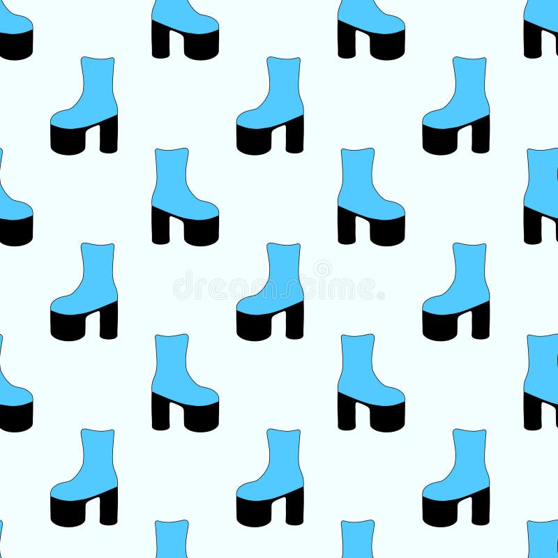 Seamless Pattern with Trendy 1980 Retro Disco Blue Boot. Vintage Shoe ...
