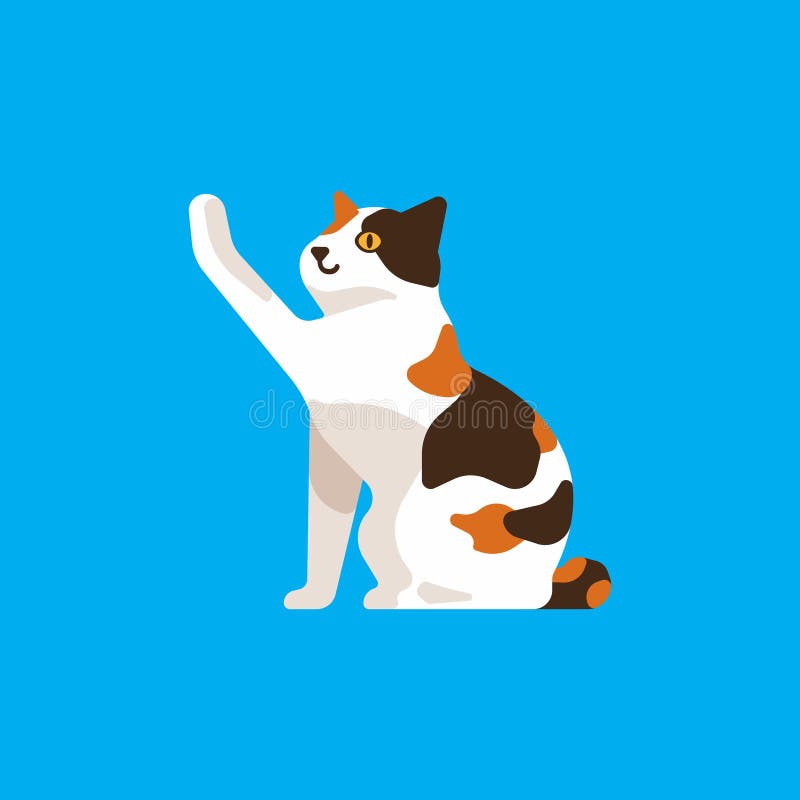 Calico Cat Illustration Raising Paw on Blue Stock Illustration ...