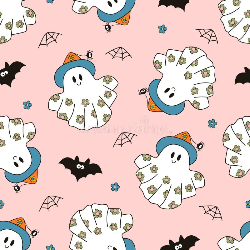 Seamless Pattern with Cute Cute Ghosts and Bat Stock Illustration ...