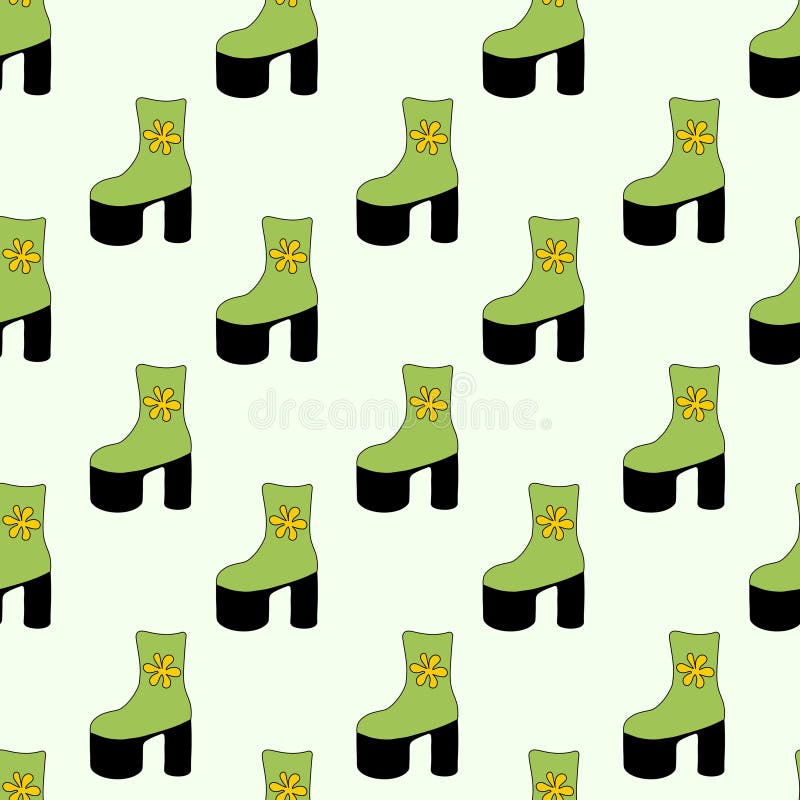 Seamless Pattern. Trendy 1980 Retro Green Disco Boot with Flower Design ...