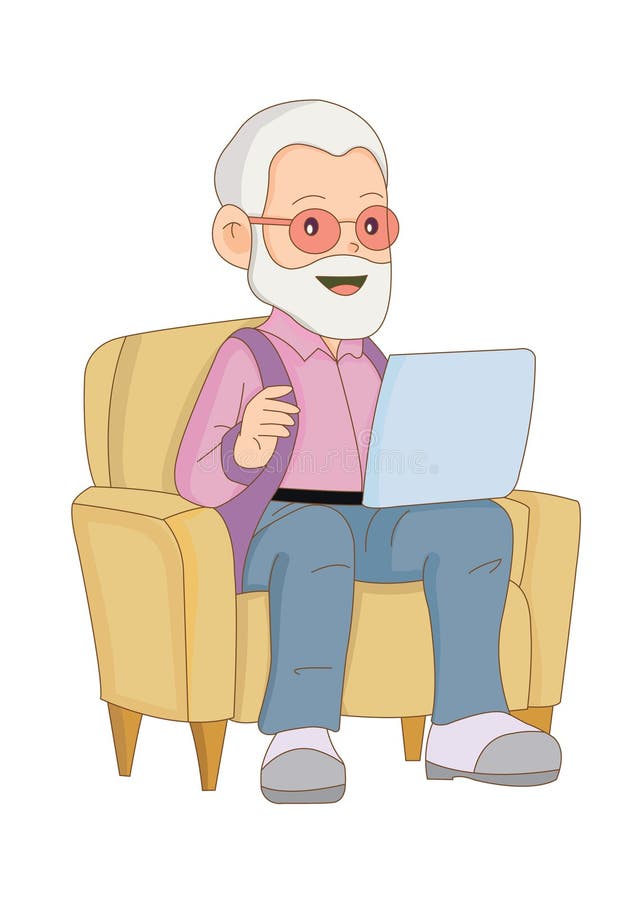 An Older Man is Sitting at a Desk with a Computer Monitor Stock ...