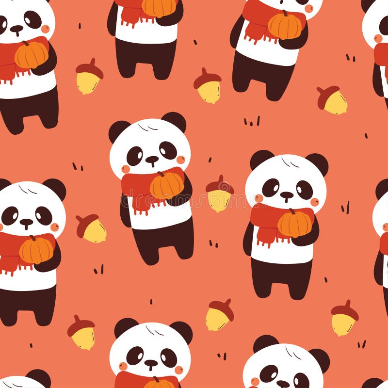 Seamless Pattern Cartoon Panda with Autumn Vibes. Cute Animal Wallpaper ...