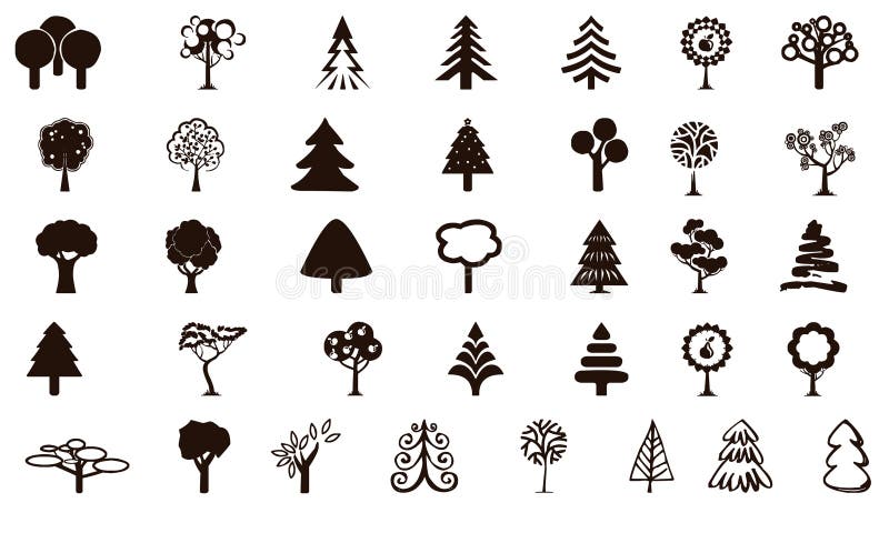 Various Pine Tree and Other Tree Icon Collection Stock Illustration ...