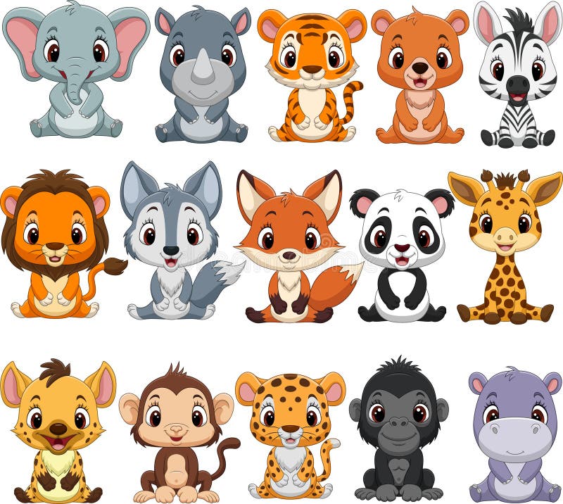 Illustration of Cartoon Cute Baby Animals Sitting Collection Set Stock ...