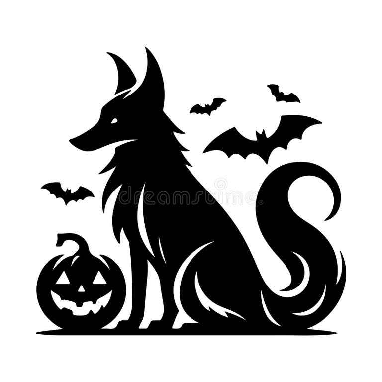 Spooky Halloween Black and White Fox with Pumpkin and Bat Stock ...