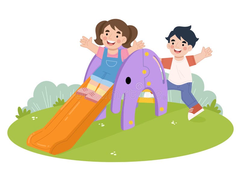 Vector Illustration of Boy and Girl Playing on the Slide Stock Vector ...